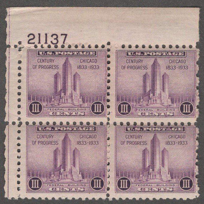 Scott# 729 "CHICAGO FAIR - CENTURY of PROGRESS" PLATE BLOCK (4) MNH ...