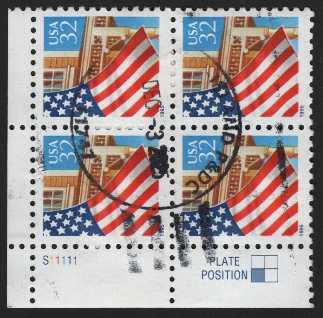 Scott# 2897 "FLAG OVER PORCH" USED PLATE BLOCK (4) NICELY CENTERED ...